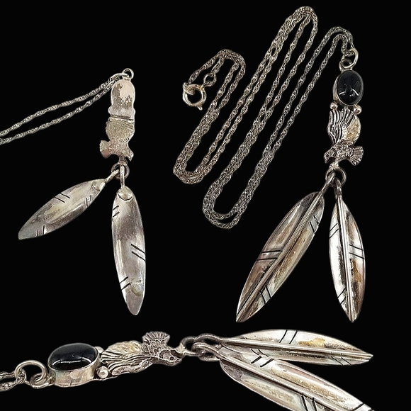 Jewelry | American Indian Silver Eagle Feather Obsidian Pendant 18 Chain Necklace | Poshmark